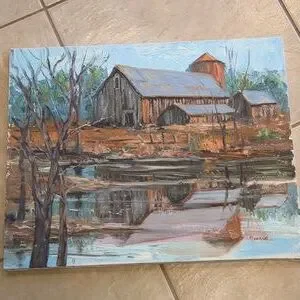 Vintage | Art | Vintage Oil Painting Old Farm Shed Barn Country ...